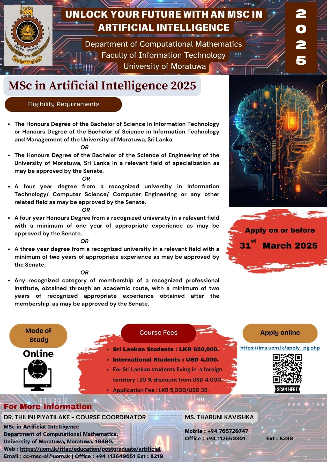 Application call for MSc in Artificial Intelligence 2025 | University of Moratuwa
